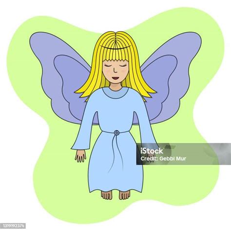 날개를 가진 천사 컬러 벡터 그림입니다 금발 소녀 요정 여인은 눈을 감고 있다 작은 마법사가 날고 있습니다 격리된 녹색 배경입니다 만화 스타일 축제 프린트 0명에 대한 스톡
