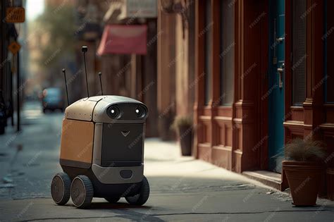 Premium Photo A Delivery Bot Standing On A City Street Pavement Design Concept With Selective