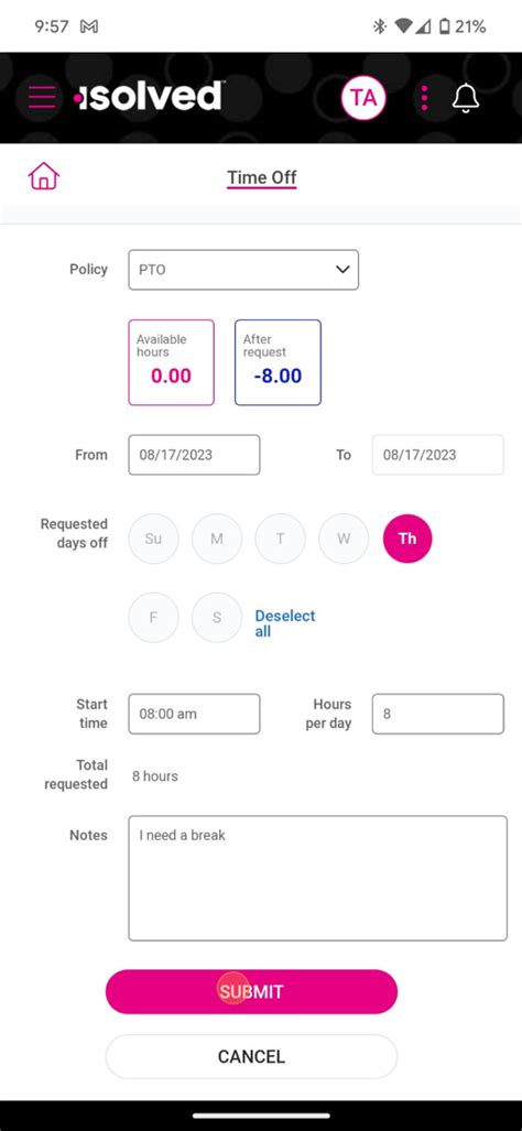 how to request time off using the adaptive app