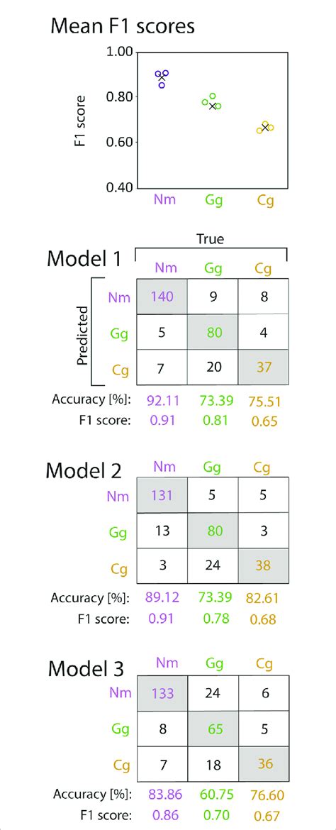f1 scores circles and mean f1 scores across all cross validation