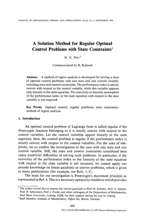Pdf A Solution Method For Regular Optimal Control Problems With State