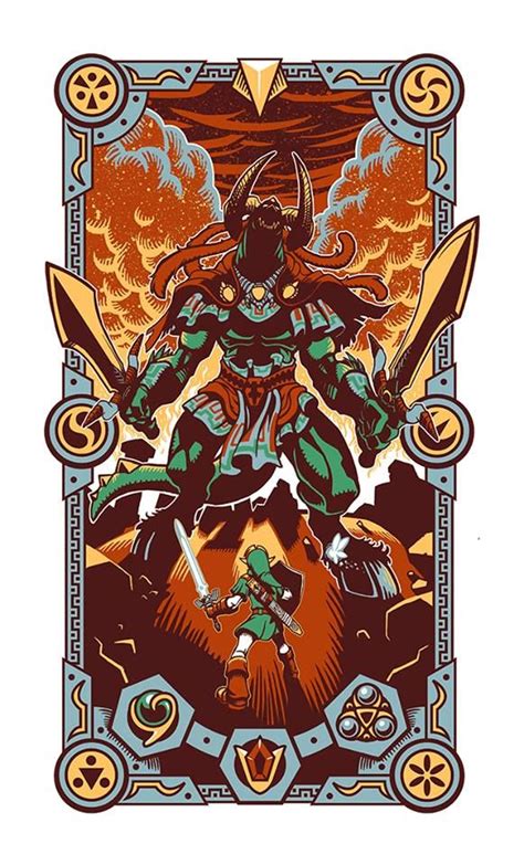 The Legend Of Zelda Poster Is Shown In Red Orange And Blue Colors With