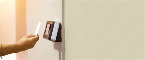 Proximity Card Reader Door Unlock Hand Security Man Using ID Card On Fingerprint Scanning