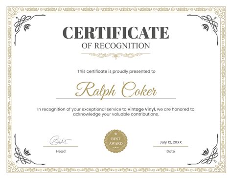 Vintage Performance Certificate Template Portrait Wordlayouts