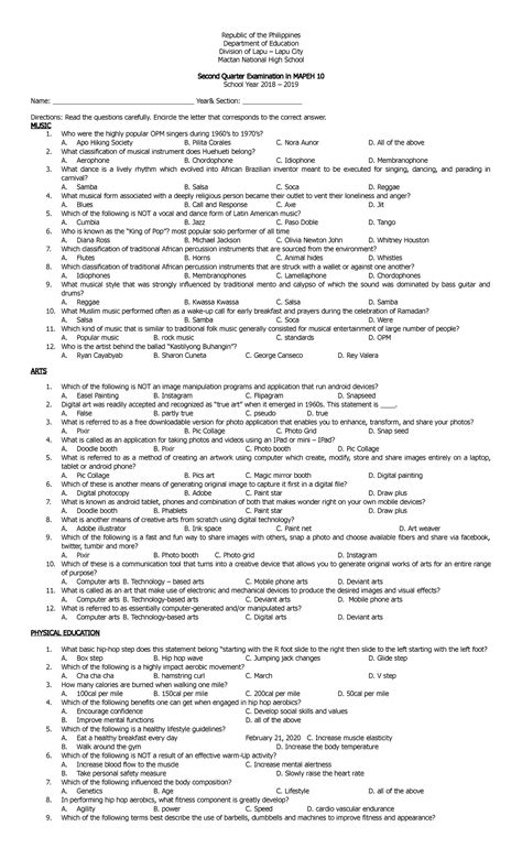Gr10 Test Republic Of The Philippines Department Of Education Division Of Lapu Lapu City