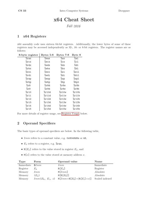 X64cheatsheet Subroutine Pointer Computer Programming