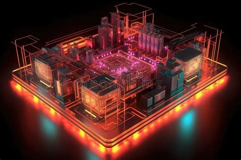 D Render Of Glowing Neon Circuit Board Design Stock Illustration Illustration Of Generative