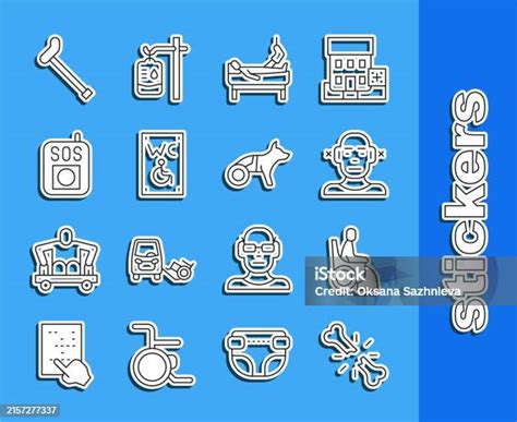 인간의 부러진 뼈 휠체어를 탄 여자 청각 장애인 다리가 있는 환자 장애인을 위한 분리된 화장실 Sos 버튼을 누르고 지팡이 지팡이와 개 아이콘을 설정합니다 벡터 가방에 대한