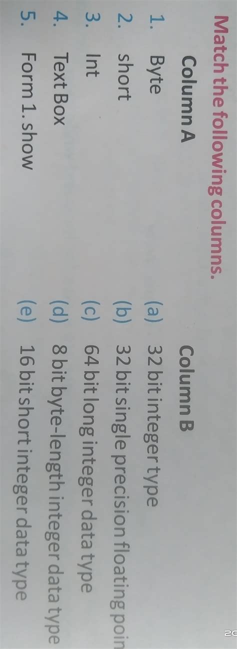 match the following columns column a byte short int text box form 1 sh