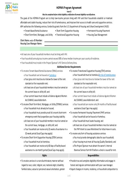 Fillable Online Form D Hopwa Program Agreement Fax Email Print Pdffiller
