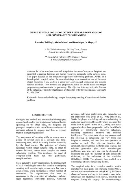 pdf nurse scheduling using integer linear programming and constraint