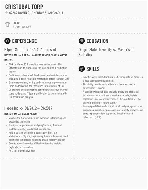 Quant Analyst Resume Samples Velvet Jobs