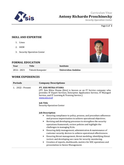 Cv Pt Xsis Mitra Utama Antony Richardo Proschinecky Soc Engineer Pdf