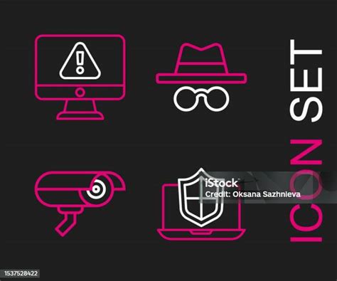 방패 보안 카메라 시크릿 모드 및 모니터 느낌표 아이콘으로 보호되는 라인 노트북을 설정합니다 벡터 Brand Name Smart Phone에 대한 스톡 벡터 아트 및 기타