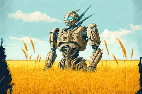 Premium Photo An Ancient Robot Standing In The Field Of Flowers