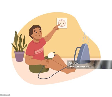 집에서 전기 제품을 사용 하 고 소켓에 손가락을 넣는 어린이 집에서 아이의 위험과 생명의 위험 부모가 지켜 않습니다 평면 만화