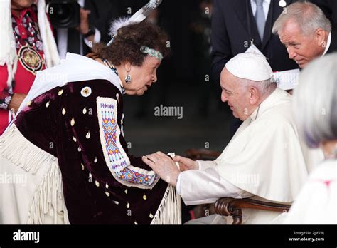 Pope Francis Greets Residential School Survivor Elder Vicki Arcand Of
