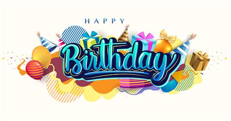 생일 축 하에 대 한 풍선 색종이와 선물 상자 디자인 서식 파일 인사말 카드와 포스터에 대 한 행복 한 생일 타이포 그래피 벡터 디자인 공휴일에 대한 스톡 벡터 아트 및