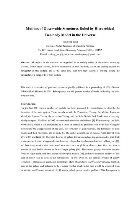 motions of observable structures ruled by hierarchical two body model