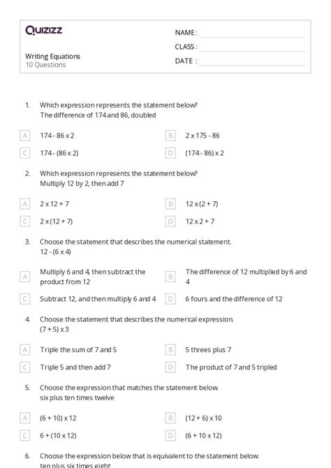 50 Writing Equations Worksheets For Kindergarten On Quizizz Free