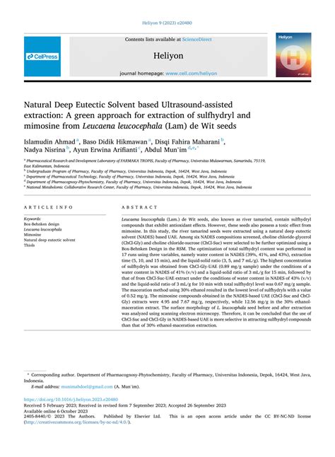 Pdf Natural Deep Eutectic Solvent Based Ultrasound Assisted Extraction A Green Approach For