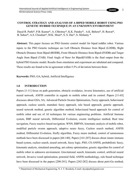 Pdf Control Strategy And Analysis Of A Biped Mobile Robot Using Pso