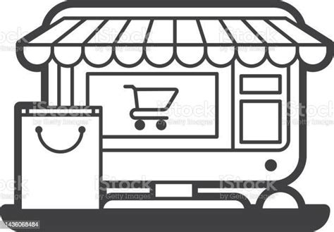 데스크톱 컴퓨터 및 온라인 상점 일러스트 레이 션을 최소한의 스타일로 고객에 대한 스톡 벡터 아트 및 기타 이미지 고객 구매 데스크탑 컴퓨터 Istock