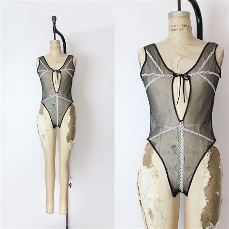 Vintage 70s Lingerie 1970s Sheer Bodysuit Sheer Black Teddie
