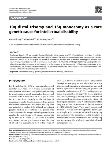 Pdf 10q Distal Trisomy And 15q Monosomy As A Rare Genetic Cause For