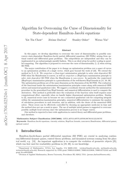 Pdf Algorithm For Overcoming The Curse Of Dimensionality For State Dependent Hamilton Jacobi