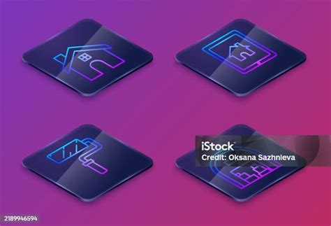 아이소 메트릭 라인 하우스 페인트 롤러 브러시 태블릿 및 스마트 홈 및 창고를 설정합니다 파란색 사각형 버튼입니다 벡터 3차원 형태에 대한 스톡 벡터 아트 및 기타 이미지