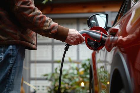 Man Charges Electric Car At Home Garage With Charging Station Person Plugs In Black Cable To