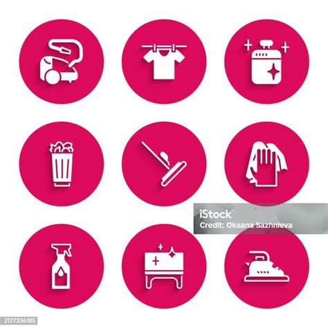 걸레 클린 테이블 전기 다리미 청소 서비스 스프레이 병 전체 쓰레기통 요리 냄비 및 진공 청소기 아이콘을 설정하십시오 벡터 가구에 대한 스톡 벡터 아트 및 기타 이미지