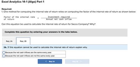 Solved Excel Analytics Algo Internal Rate Of Return Chegg Com