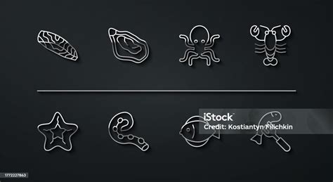 세트 라인 생선 스테이크 불가사리 랍스터 촉수 문어 홍합 접시와 아이콘에 제공됩니다 벡터 갈고리 발톱에 대한 스톡 벡터 아트 및