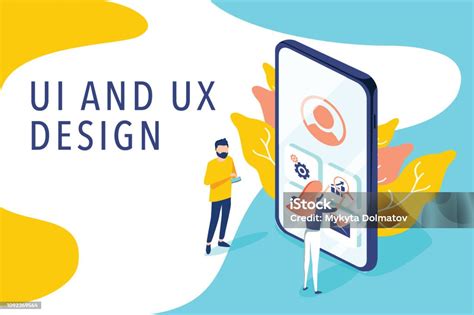 등각 투영 평면 벡터 Ui와 Ux 디자인 프로세스 모바일 애플 리 케이 션 개발 Gui 디자인의 개념 사람들이 테스트 인터페이스 휴대전화에 대한 스톡 벡터 아트 및 기타