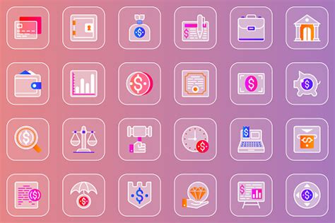 비즈니스 금융 웹 글래스모픽 아이콘 세트 팩 개요 개요 투자 은행 대출 금융 통계 세금 지불 성장 그래프 저축 이익 및 기타 벡터 라인 유리 기호 0명에 대한 스톡 벡터