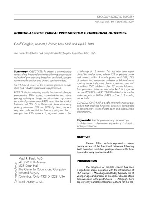 Pdf Robotic Assisted Radical Prostatectomy Functional Outcomes