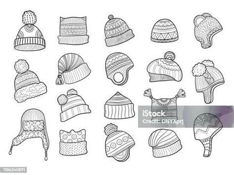 겨울 낙서 모자입니다 모피 니트 벡터 스케치 일러스트와 옷 플래핑 귀 따뜻한 모자 낙서 패턴에 대한 스톡 벡터 아트 및 기타