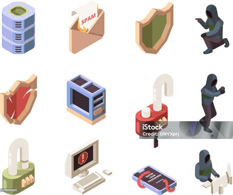 해커 문자입니다 컴퓨터 온라인 네트워크 공격 사이버 자물쇠 디지털 데이터 보호 스팸 및 피싱 바이러스 벡터 아이소메트릭 등측투영법에 대한 스톡 벡터 아트 및 기타 이미지