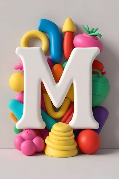 3d render of letter m surrounded by colorful playful objects in cgi