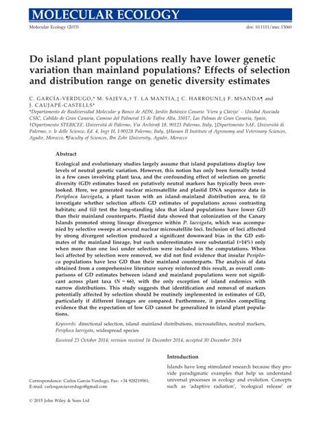 PDF Do Island Plant Populations Really Have Lower Genetic Variation Than Mainland Populations