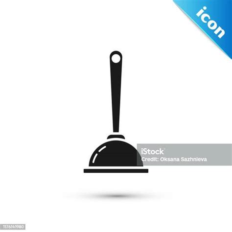 흰색 배경에 격리 된 파이프 청소 아이콘을위한 나무 손잡이가있는 검은 색 고무 플런저 화장실 플런저 벡터 일러스트레이션 플런저에 대한 스톡 벡터 아트 및 기타 이미지