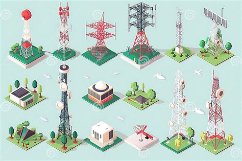 A 3d Isometric Flat Vector Set Featuring Various Telecom Towers Communication Concept Stock