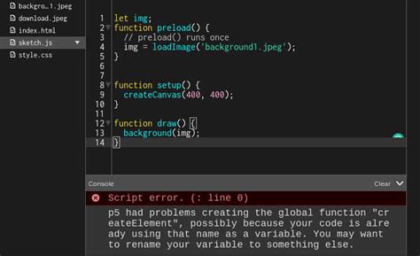 Javascript I Get Script Error On The Line 0 In P5js Editor Stack