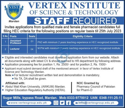 Vertex Institute Of Science And Technology Faculty Jobs 2023 2025 Job Advertisement Pakistan