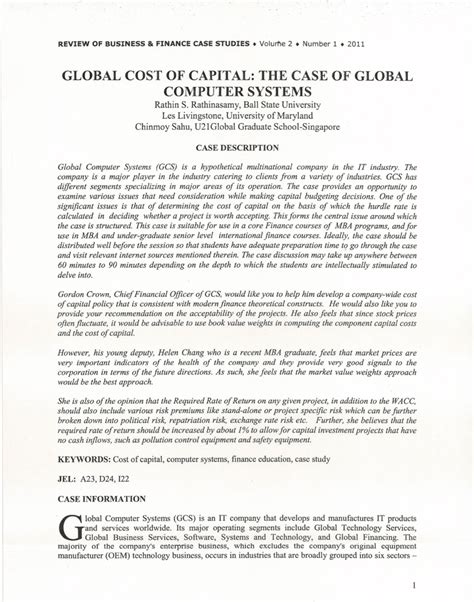 Pdf Global Cost Of Capital The Case Of Global Computer Systems