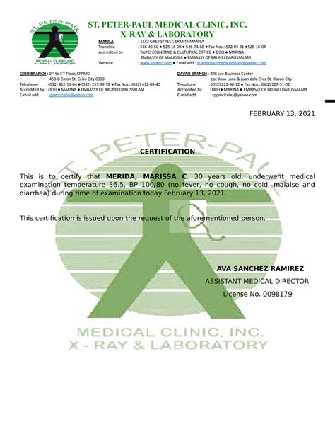 Sample Format Of A Medical Certificate X Ray And Laboratory Manila 1182 Grey Street Ermita