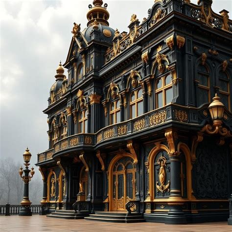 Eldritch Rococo Architecture Using A Black And Gold Color Scheme With Inexplicably Floating