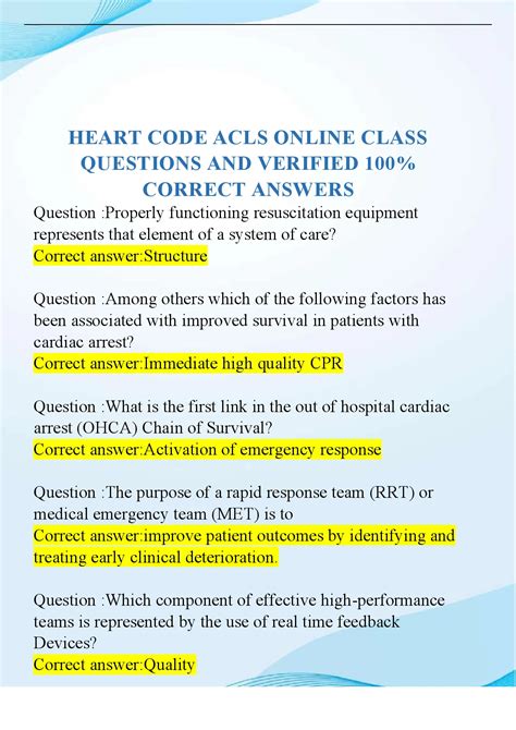 Heart Code Acls Online Class Questions And Verified 100 Correct Answers